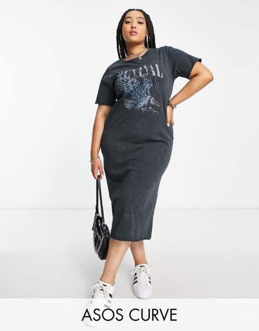 Asos Design Curve Midi T Shirt Kleid In Verwaschenem Anthrazit Mit