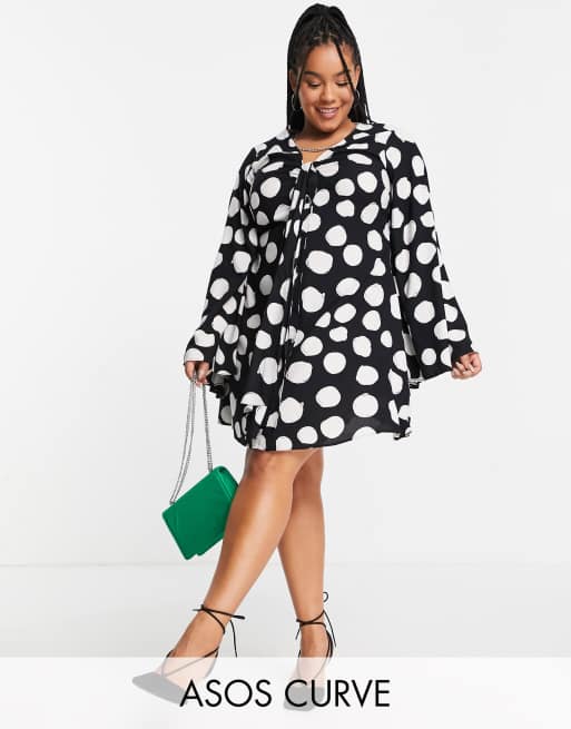 Asos Design Curve Mini Shirt Dress With Tie Front And Flared Sleeve In