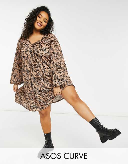 Asos Design Curve Mini Smock Dress With Long Sleeves And Tie Neck