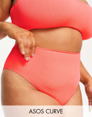 ASOS DESIGN Curve mix and match crinkle high leg high waist bikini bottom in coral | ASOS