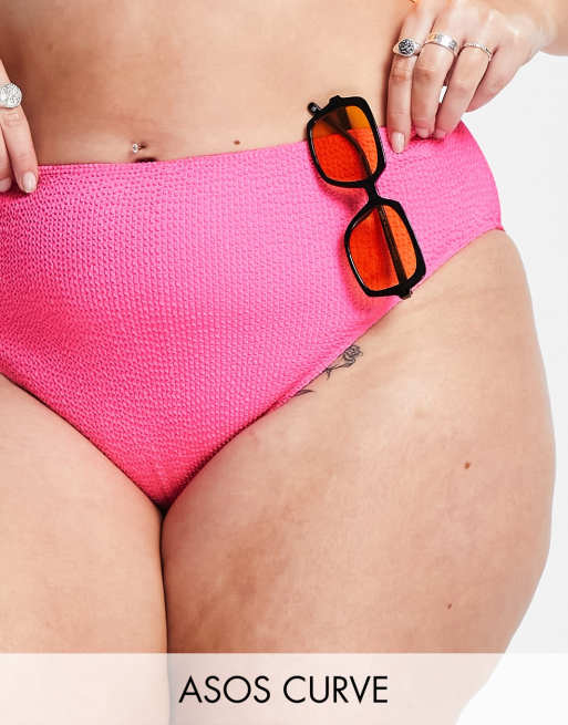 ASOS DESIGN Curve mix and match crinkle high leg high waist bikini bottom in neon pink | ASOS