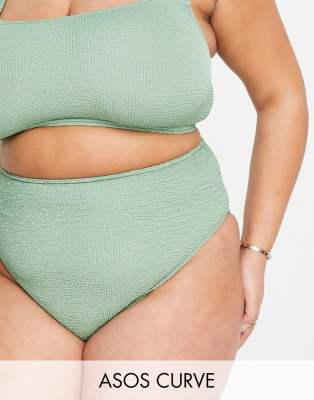 ASOS DESIGN Curve mix and match crinkle high leg high waist bikini bottoms in khaki | ASOS