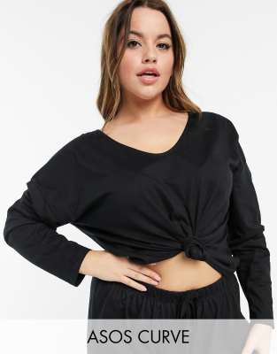 ASOS DESIGN Curve mix and match knot front long sleeve jersey pyjama ...