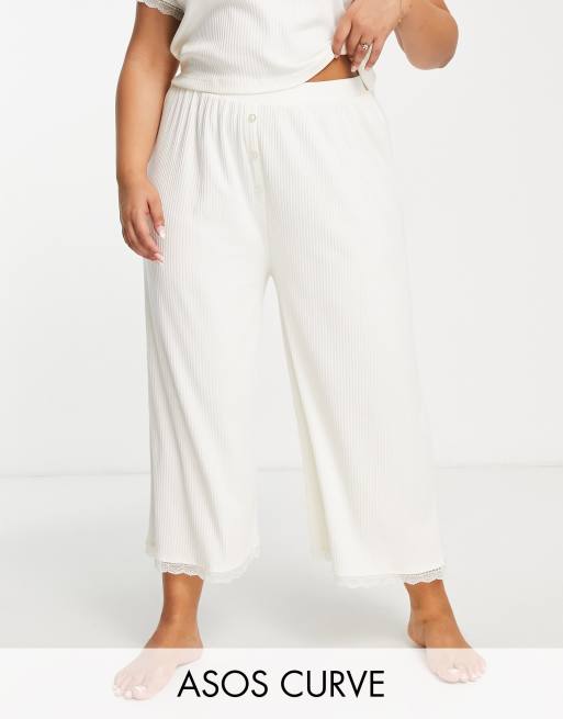 Asos Design Curve Mix And Match Rib And Lace Pyjama Culotte In Cream Asos