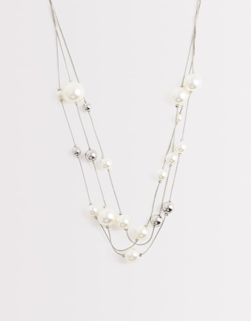 ASOS DESIGN Curve multi-row necklace with faux pearls in silver tone | ASOS
