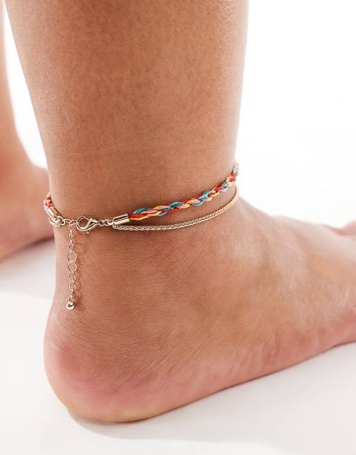 ASOS DESIGN Curve multirow anklet with twisted thread and fine chain in gold tone