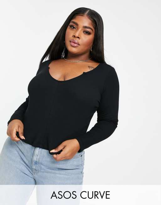 ASOS DESIGN Curve notch front long sleeve ribbed crop top in black | ASOS