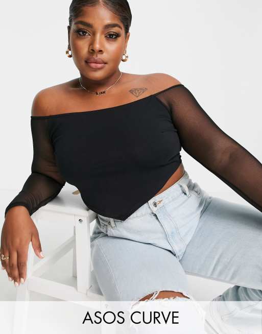 ASOS DESIGN Curve off shoulder top with scarf hem and mesh sleeves in ...