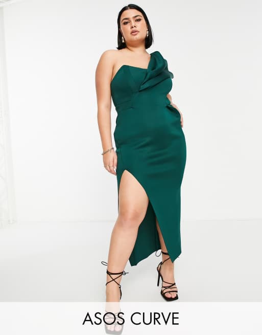 Asos Design Curve One Shoulder Seamed Bust Midi Dress With High Leg