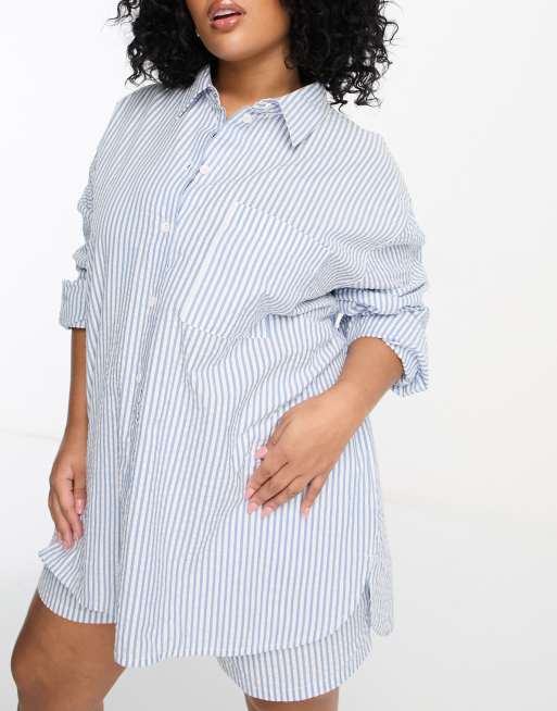 Asos Design Curve Oversize Hemd Aus Seersucker Mit Blauen Streifen