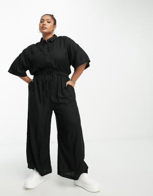 ASOS DESIGN Curve – Oversize-Jumpsuit in Schwarz mit Oberteil in Hemd ...