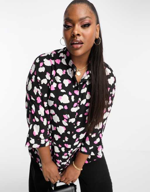 Asos Design Curve Oversized Long Sleeve Shirt In Pink Mono Splodge