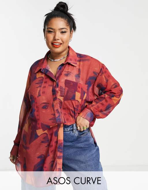 Asos Design Curve Oversized Shirt In Sheer Faces Print Asos