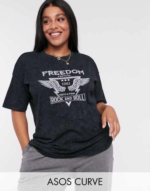 Asos Design Curve Oversized T Shirt With Freedom Rock Graphic In Wash