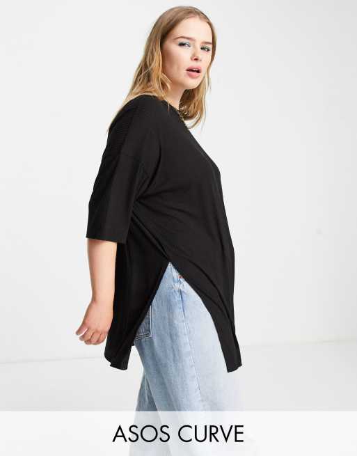 Asos Design Curve Oversized Top With Side Split In Rib In Black Asos