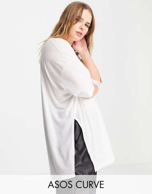 Asos Design Curve Oversized Top With Side Split In Rib In White Asos