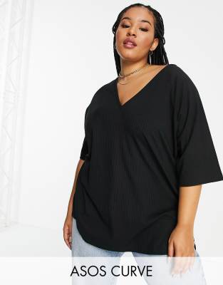 ASOS DESIGN Curve oversized top with v neck in rib in black | ASOS