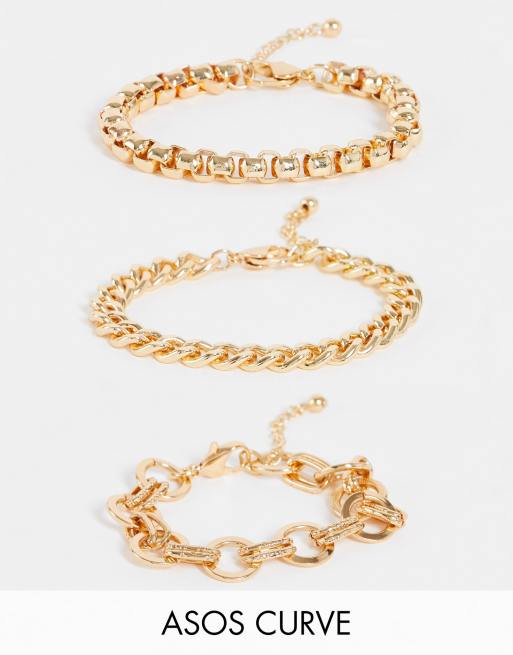 Asos Design Curve Pack Of 3 Bracelets Mixed Vintage Style Chain In Gold