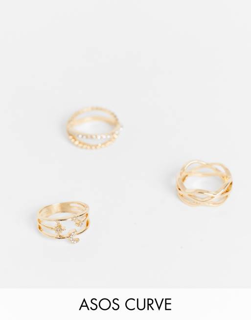 Asos Design Curve Pack Of 3 Rings With Celestial Design In Gold Tone Asos