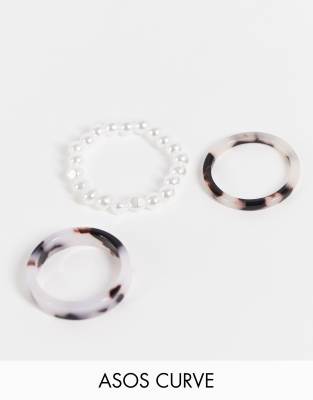 ASOS DESIGN Curve pack of 3 rings with stretch pearl and tort plastic ...