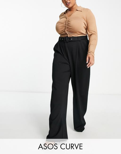 ASOS DESIGN Curve - Pantalon ample en maille point de Rome avec ceinture à nouer - Noir | ASOS