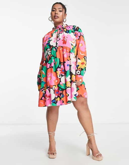 ASOS DESIGN Curve pie crust neckline tiered smock mini dress in bright ...