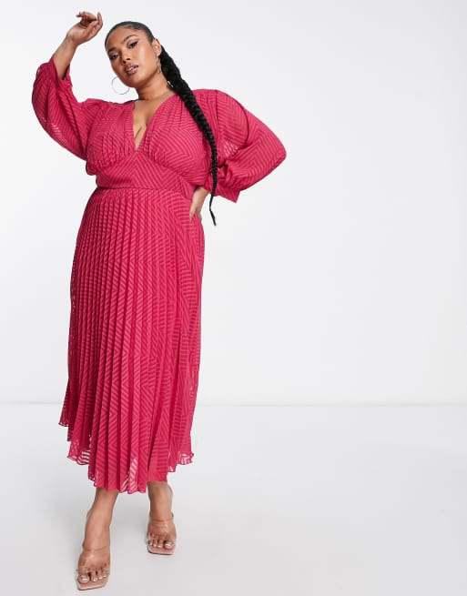 Asos Design Curve Pleated Batwing Midi Dress In Chevron Texture In Pink