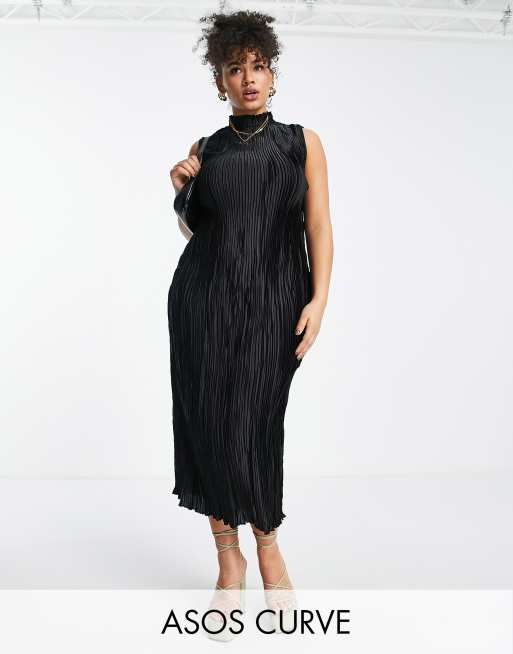 ASOS DESIGN Curve – Plisowana satynowa sukienka midi z zabudowanym dekoltem | ASOS