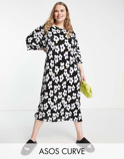 Asos Design Curve Plisse Column Midi T Shirt Dress In Large Blue Daisy