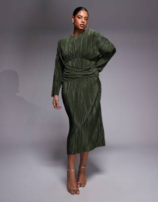 ASOS DESIGN Curve plissé long sleeve draped waist midi dress in khaki ...