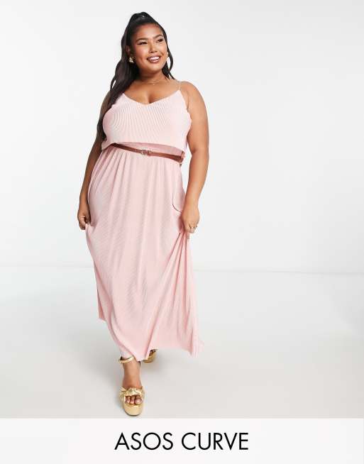 Asos Design Curve Plissé Maxi Jurk Met Bandjes En Overlay In Oudroze
