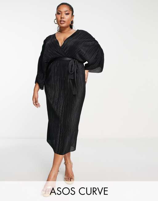 Asos Design Curve Plisse Midi Wrap Dress With Belt In Black Asos