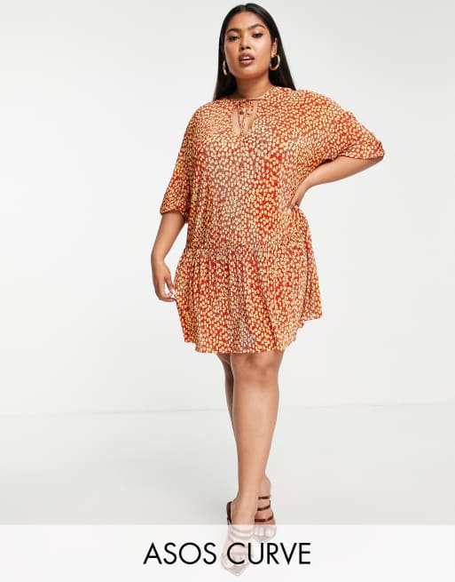 Asos Design Curve Plisse Mini Smock Dress With V Neck In Red Floral