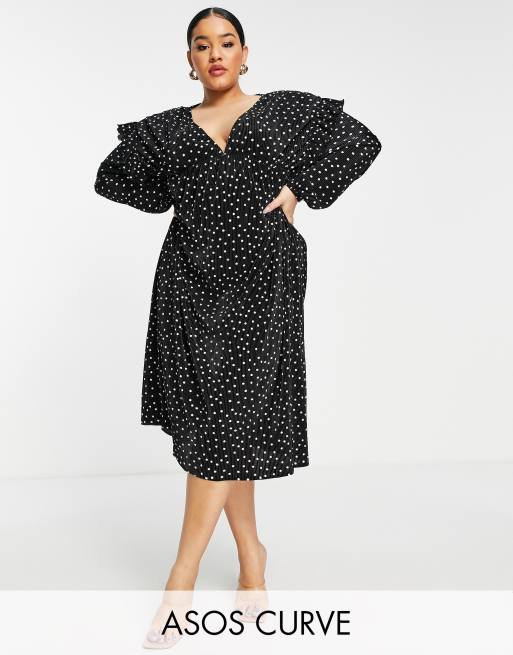Asos Design Curve Plisse V Neck Midi Dress In Mono Spot Print Asos