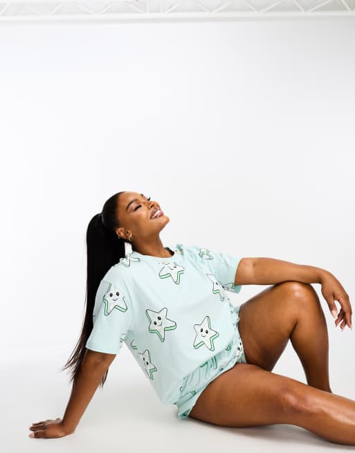 ASOS DESIGN Curve - Pyjama avec t-shirt oversize et short motif étoiles - Bleu | ASOS