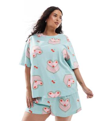 ASOS DESIGN Curve - Pyjama avec t-shirt oversize et short motif gâteaux - Bleu | ASOS