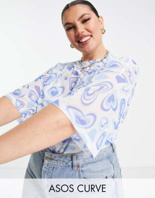 Asos Design Curve Recycled Blend Oversized Mesh Top In Warped Heart ...