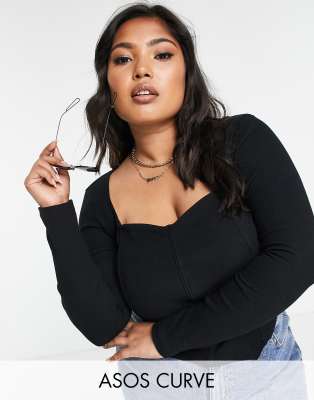 ASOS DESIGN Curve rib fitted corset top with ultra wide neck in black ...