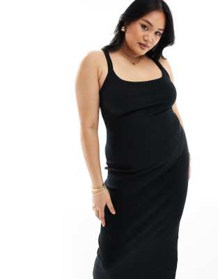 ASOS DESIGN Curve ribbed strappy square neck midaxi dress in black | ASOS