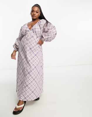ASOS DESIGN Curve - Robe à carreaux texturée mi-longue avec col V et manches chauve-souris ...