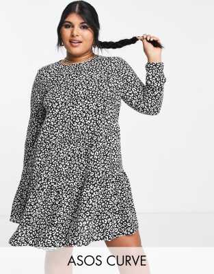 ASOS DESIGN Curve - Robe babydoll courte à volants étagés, manches longues, imprimé animal ...