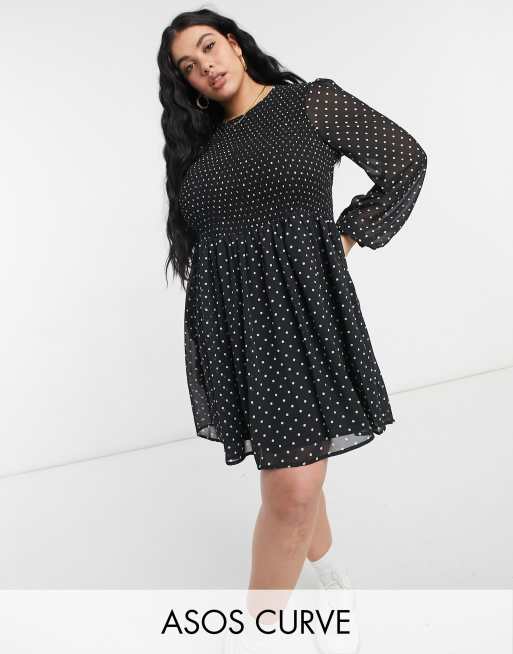 ASOS DESIGN Curve - Robe babydoll courte froncée - Pois | ASOS