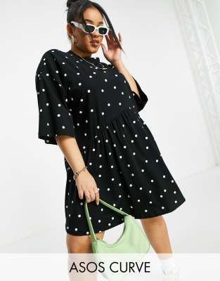 ASOS DESIGN Curve - Robe babydoll courte oversize à taille basse et pois - Noir et blanc | ASOS