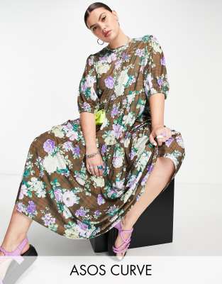ASOS DESIGN Curve - Robe babydoll mi-longue à imprimé fleuri grunge | ASOS