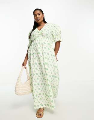 ASOS DESIGN Curve - Robe babydoll mi-longue en coton à imprimé fleuri - Crème et vert | ASOS