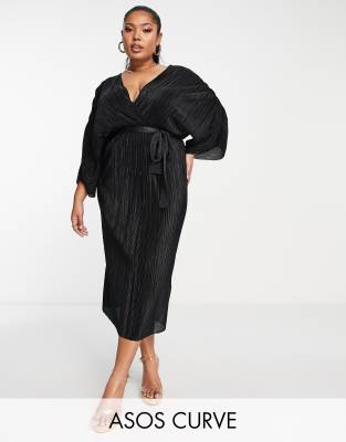 ASOS DESIGN Curve - Robe cache-cœur mi-longue plissée avec ceinture - Noir | ASOS