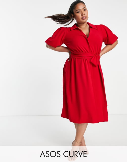 ASOS DESIGN Curve - Robe chemise à ceinture - Rouge | ASOS