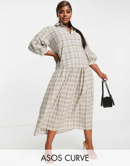 ASOS DESIGN Curve - Robe chemise babydoll boutonnée mi-longue à carreaux - Marron et blanc | ASOS