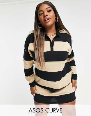 ASOS DESIGN Curve - Robe chemise courte à manches longues avec col et rayures - Noir et sable | ASOS