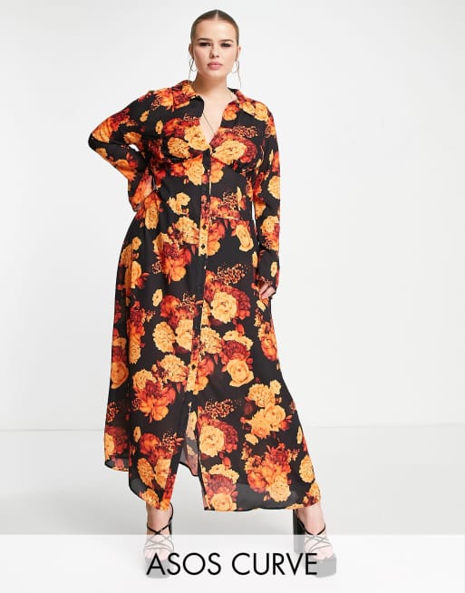 ASOS DESIGN Curve - Robe chemise mi-longue boutonnée à empiècement et imprimé fleuri style ...